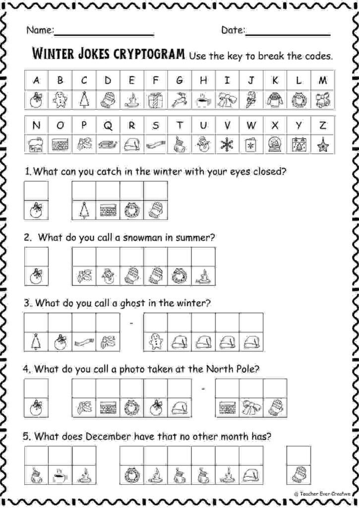 FREE Winter Jokes Cryptogram Code Breaker Worksheets for Kids ...