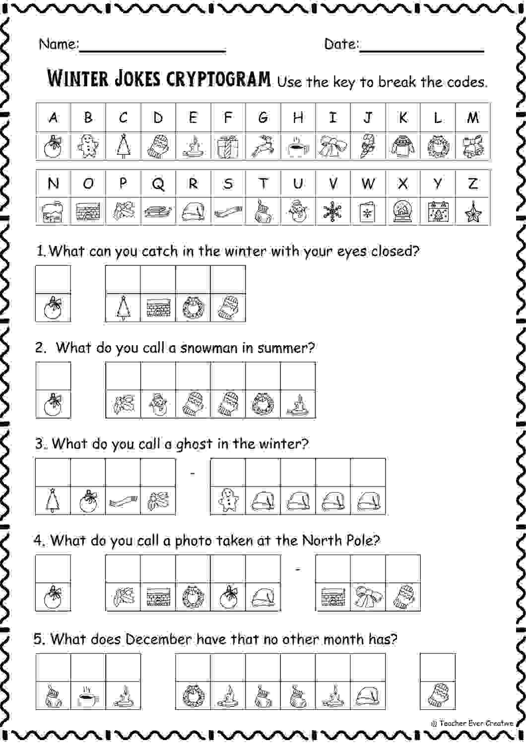 FREE Winter Jokes Cryptogram Code Breaker Worksheets for Kids ...