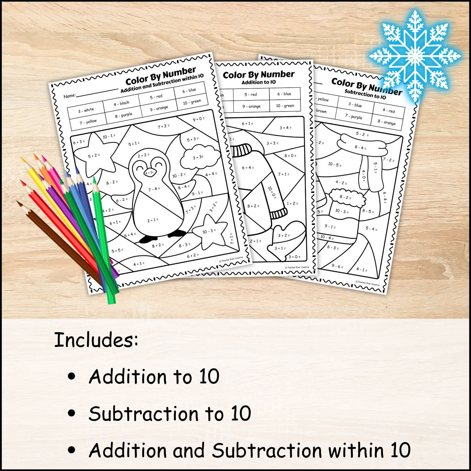 Winter Color By Number Addition and Subtraction within 10